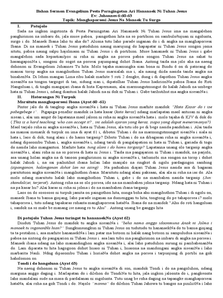 Bahan Sermon Evangelium Dan Epistel Pesta Parngingotan Ari Hananaek Ni Tuhan Jesus | PDF