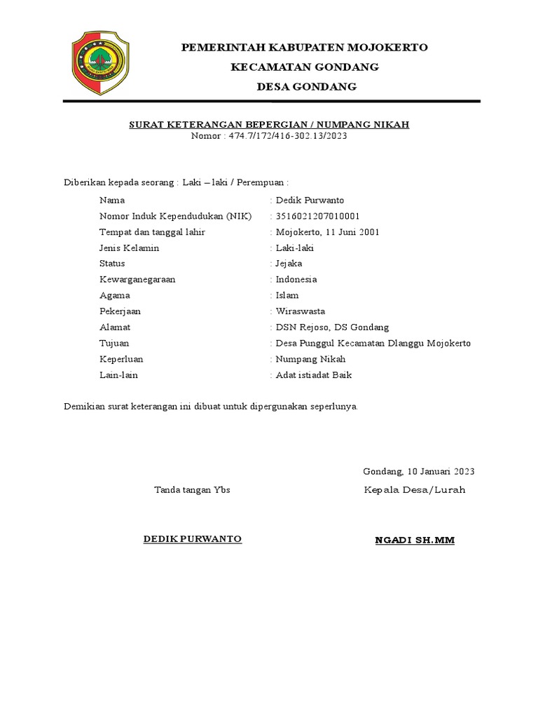 Surat Keterangan Bepergian. Numpang Nikah | PDF