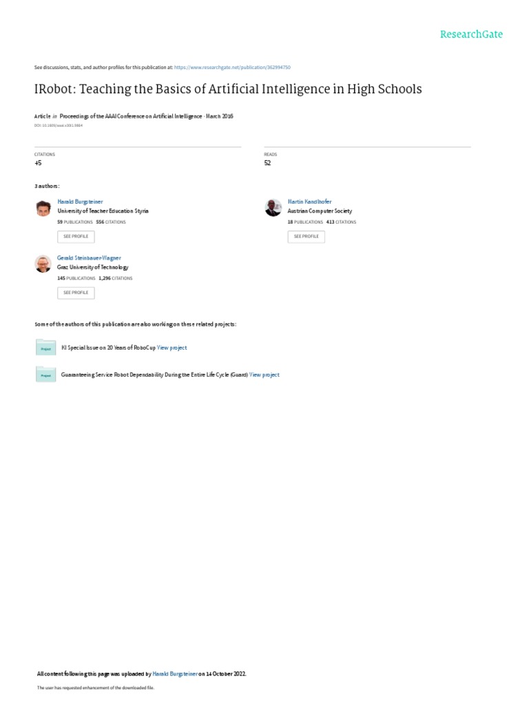 IRobot: Teaching The Basics of Artificial Intelligence in High Schools | PDF | Artificial ...