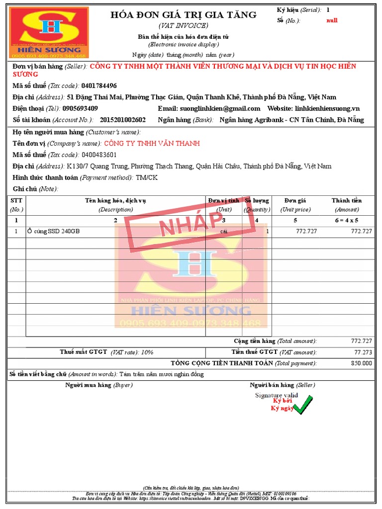 (Vat Invoice) : Công Ty TNHH Văn Thanh | PDF