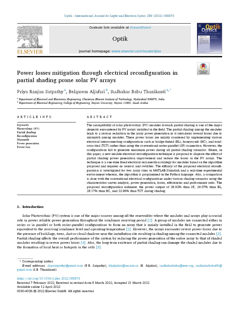 Power Losses Mitigation Through Electrical Reconfiguration In1 S2 0 S0030402622003515 Main Pdf