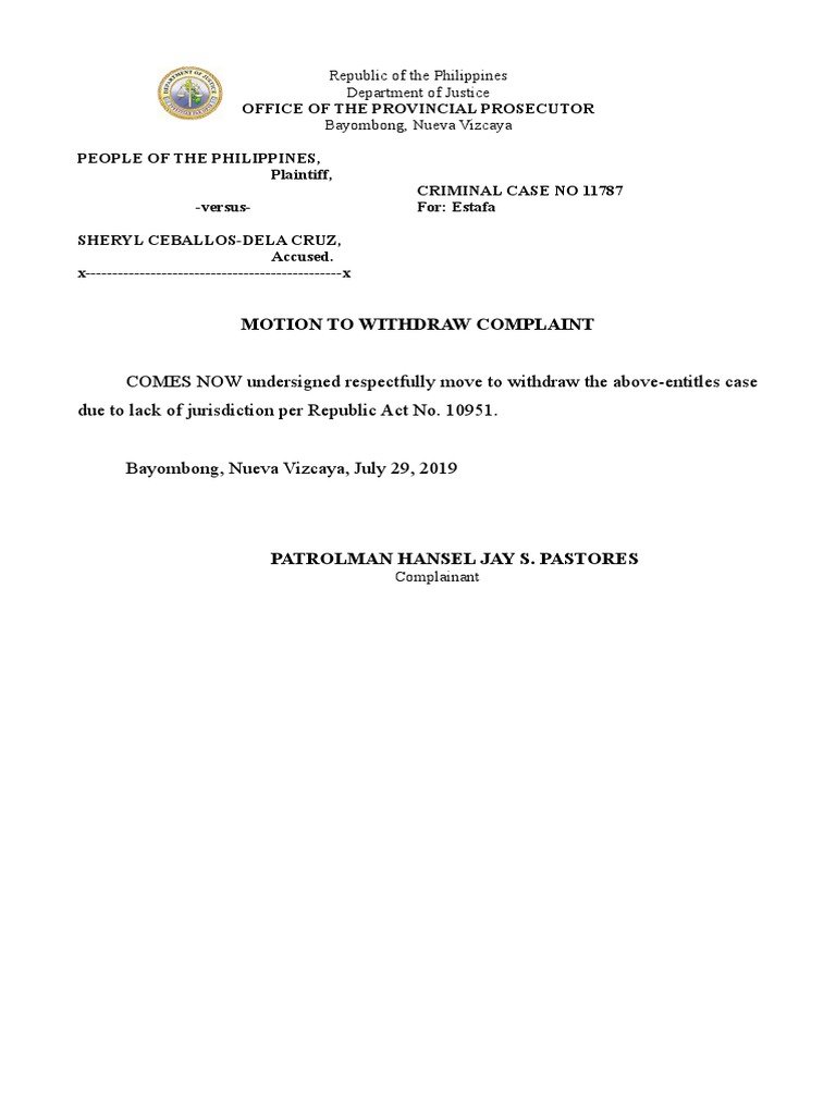 Motion To Withdraw Complaint | PDF | Prosecutor | Complaint