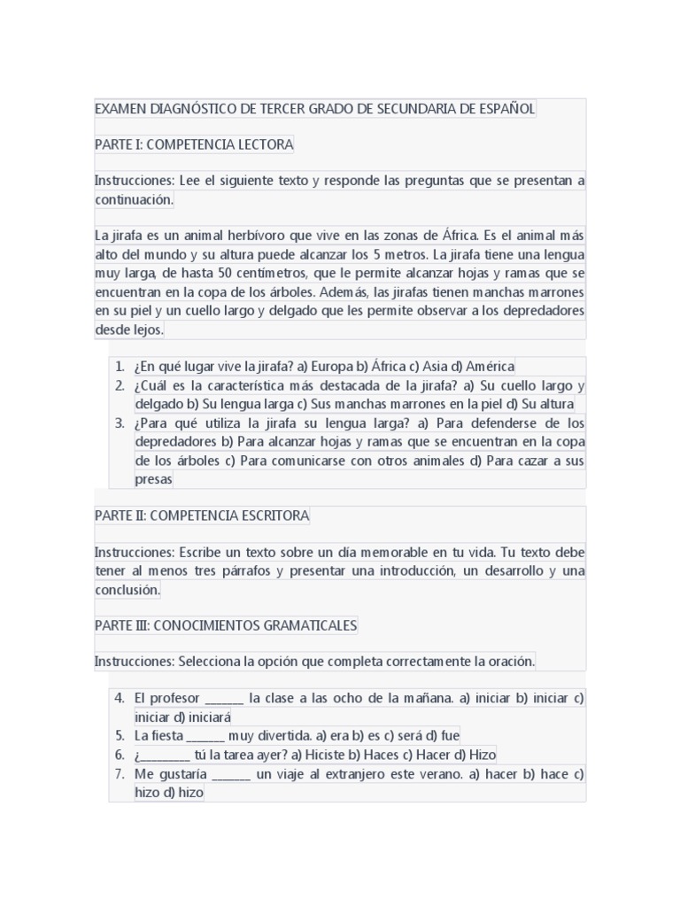 Examen Diagnóstico de Tercer Grado de Secundaria de Español | PDF