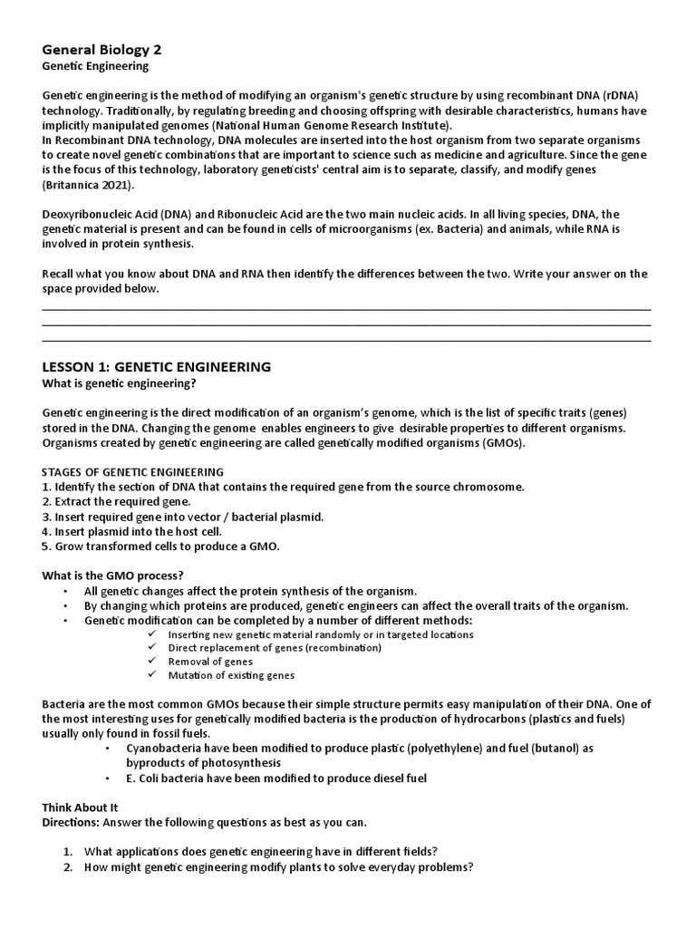 General Biology 2 Genetic Engineering | PDF | Genetic Engineering | Genetics
