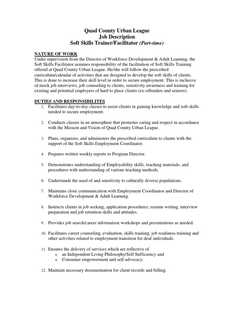 Soft Skills Trainer Job Description | PDF | Facilitator | Employment