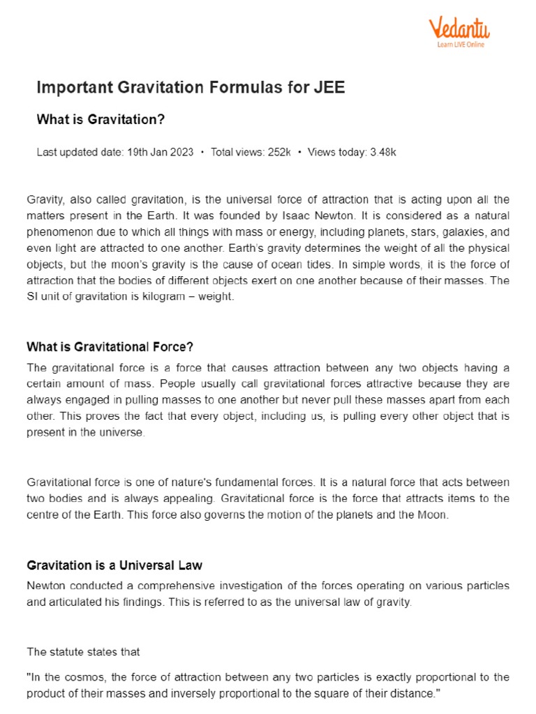 Important Gravitation Formulas For JEE | PDF