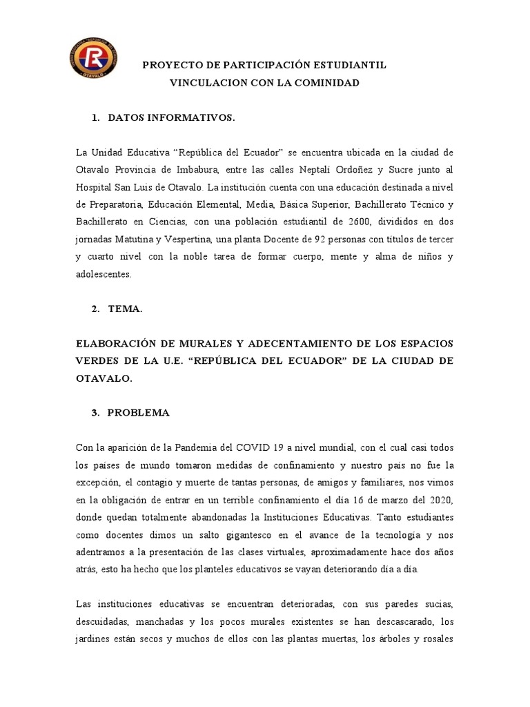 PROYECTO DE PARTICIPACIÓN ESTUDIANTIL 2021-2022 Vinculacion Con La ...