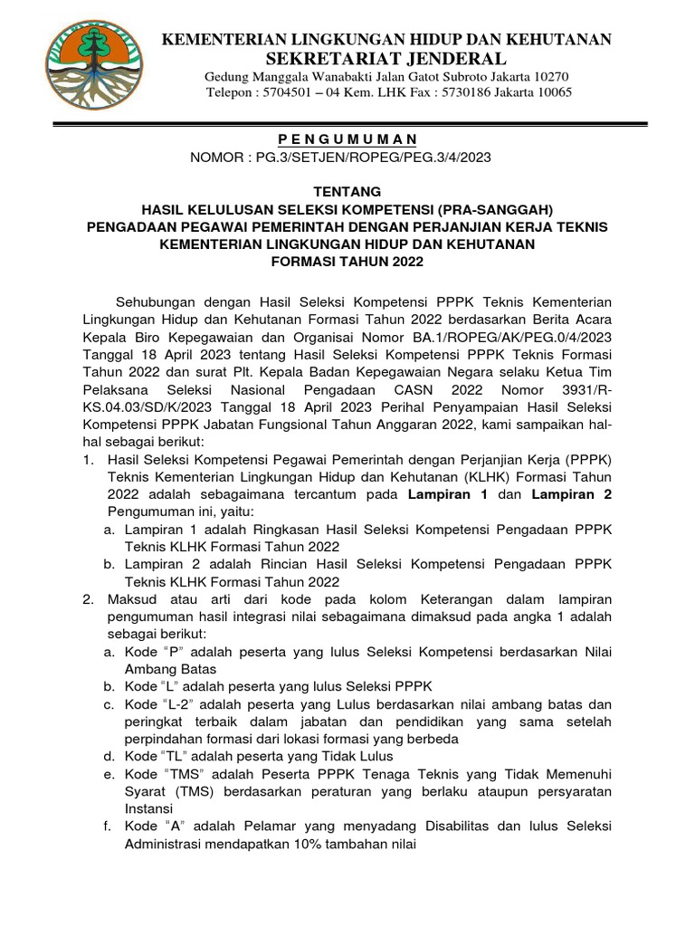 Pengumuman Hasil Seleksi Kompetensi (Pra-Sanggah) PPPK Teknis KLHK Formasi Tahun 2022 | PDF