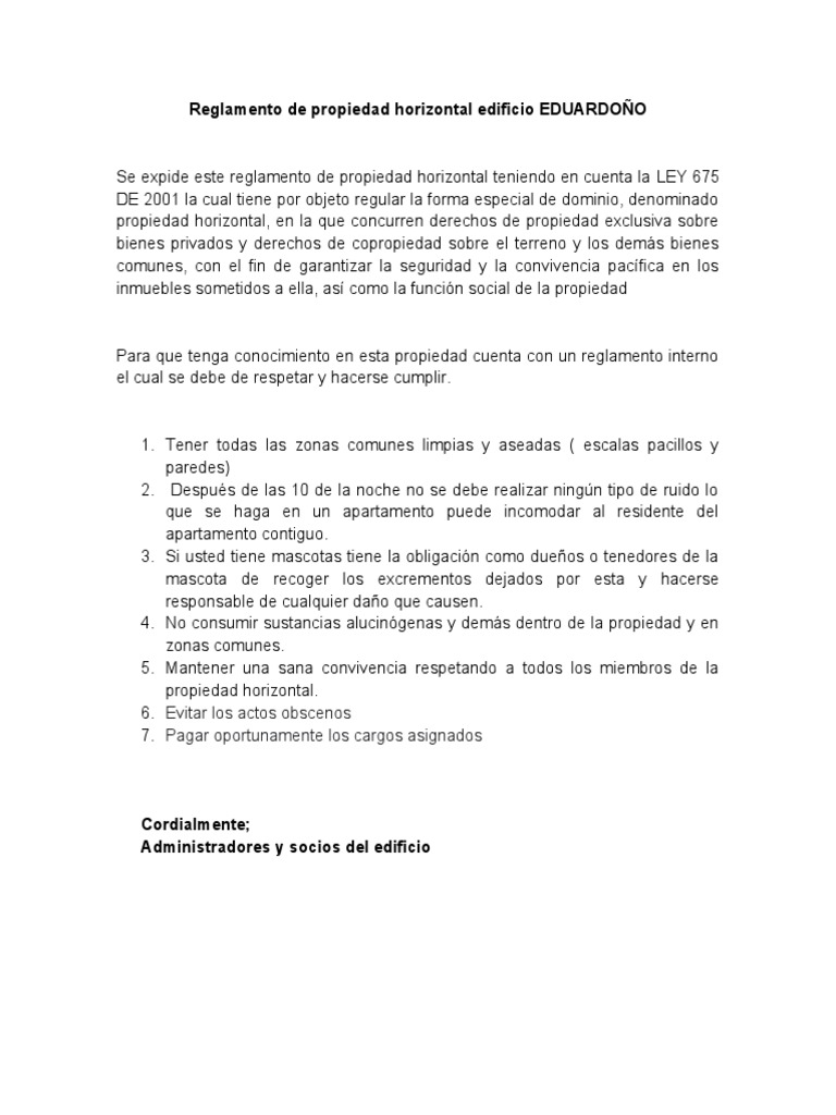 Reglamento de Propiedad Horizontal Edificio EDUARDOÑO | PDF