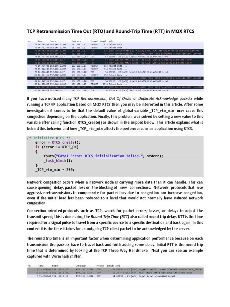 TCP Retransmission Time Out (RTO) and Round-Trip Time (RTT) in MQX RTCS | PDF
