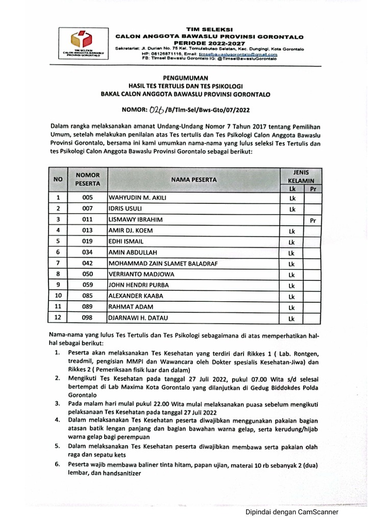 Pengumuman Hasil Tes Tertulis Dan Tes Psikologi Calon Anggota Bawaslu ...