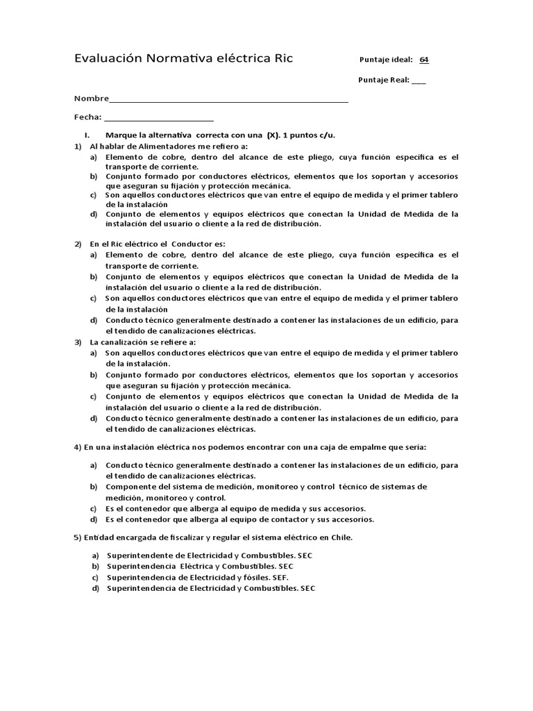 Evaluación Normativa eléctrica Ric | PDF | Ingenieria Eléctrica | Electromagnetismo