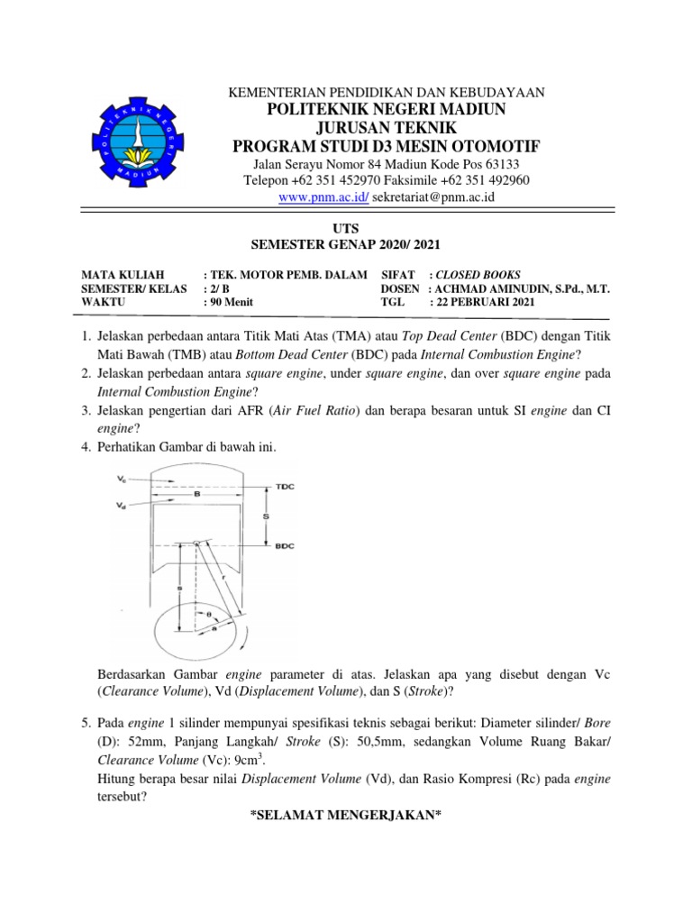 SOAL UTS GENAP - 2020-2021 - Tek. Motor Pembakaran Dalam | PDF