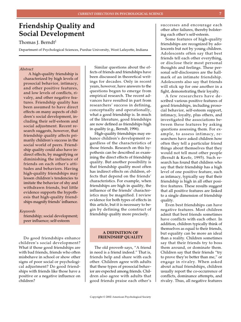 Friendship Quality and Social Development | PDF | Friendship | Shyness