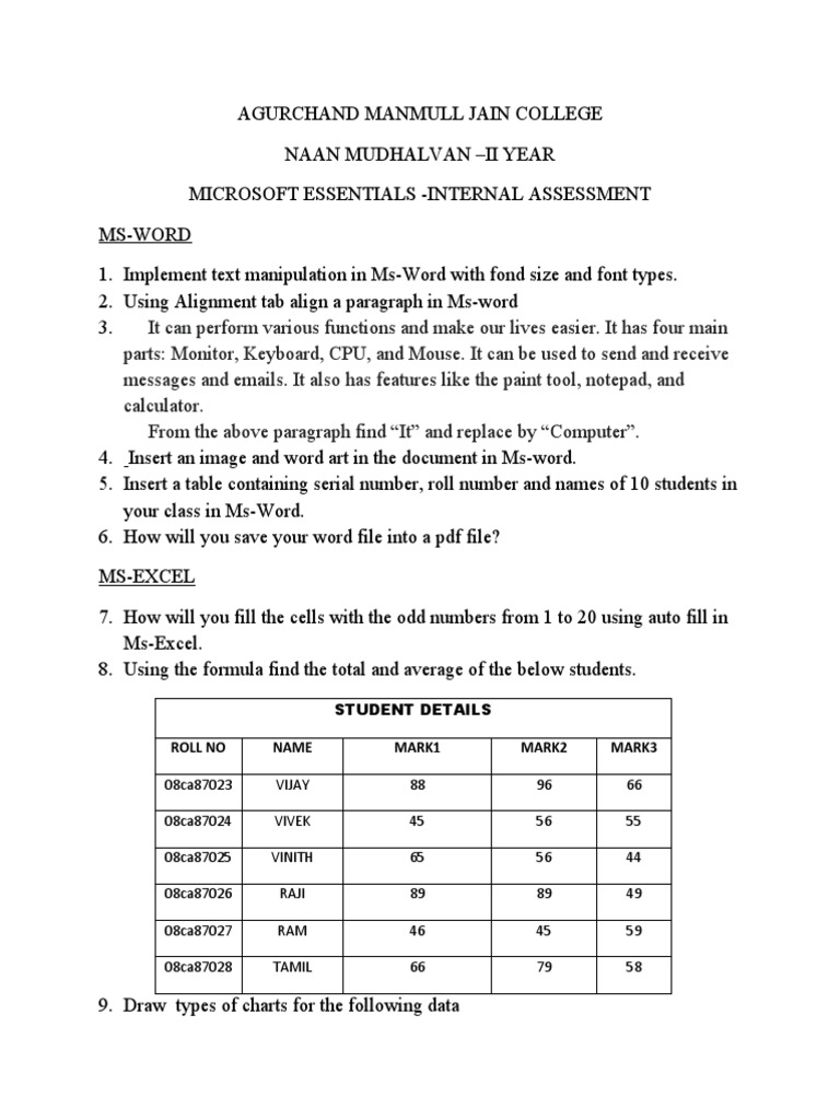 Internal Assessment Naan Mudhalvan Pdf Microsoft Word Microsoft Excel 