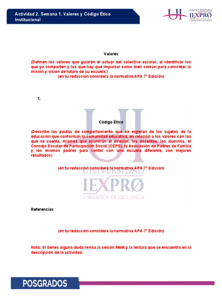 Actividad 2. Semana 1. Valores y Código Ético Institucional | PDF