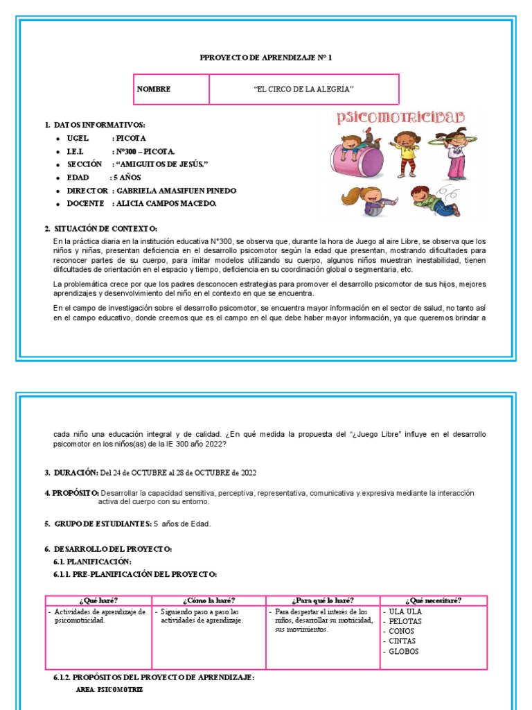 Proyecto de Aprendizaje Psicomotricidad | PDF | Las emociones | Ciencia cognitiva