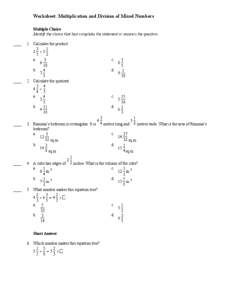 Worksheet Multiplication and Division of Mixed Numbers | PDF ...