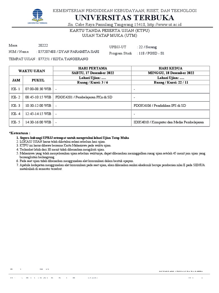 Jadwal Ujian Semester 5 UT - Sistem Informasi Akademik | PDF