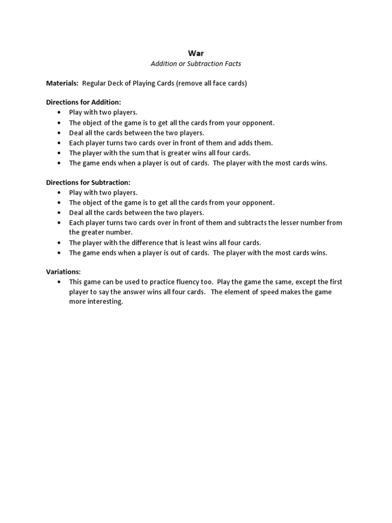 War Card Game: Addition & Subtraction Rules | PDF | Sports & Recreation ...