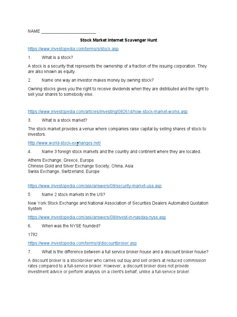 Stock Market Scavenger Hunt BRH | PDF | Stocks | Stock Market