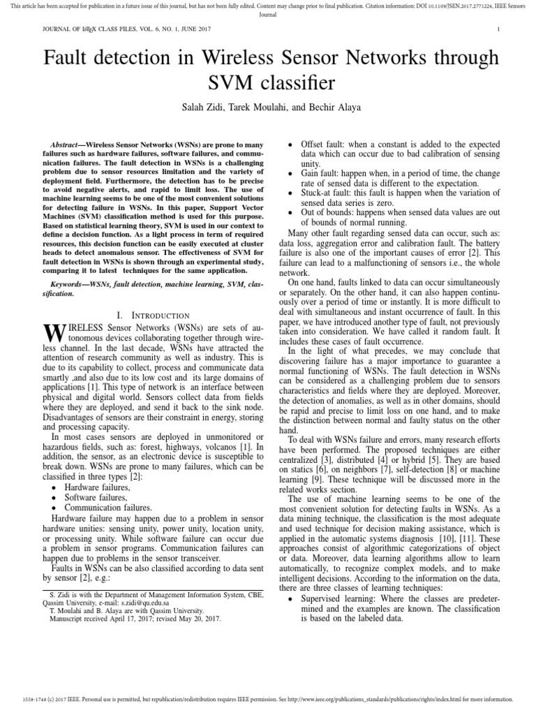 Fault Detection In Wireless Sensor Networks Through Svm Classifier Pdf 8441