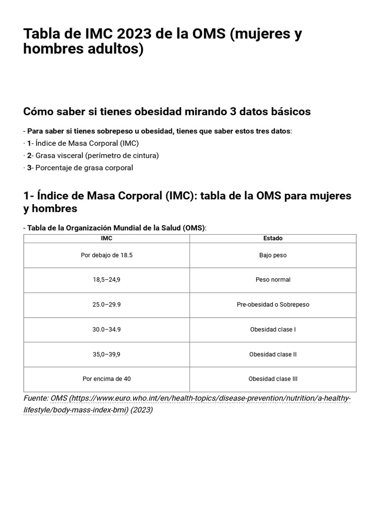 Tabla de IMC 2023 de La OMS (Mujeres y Hombres Adultos) | PDF