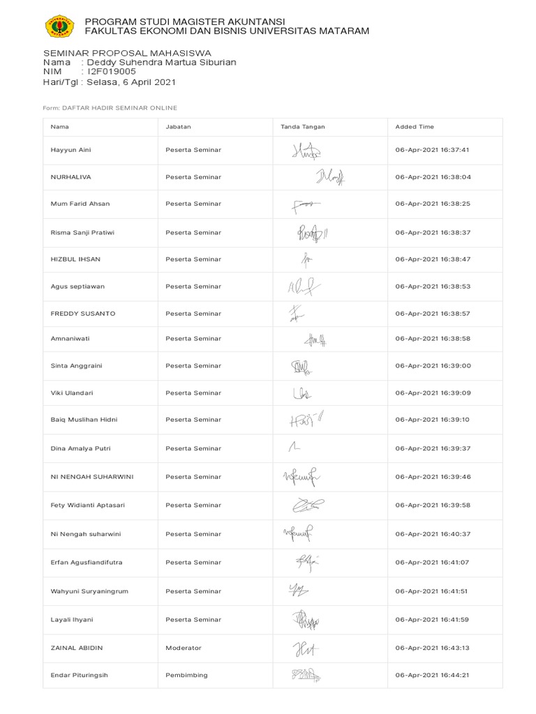 Daftar Hadir Seminar Proposal - Deddy Suhendra Martua Siburian | PDF