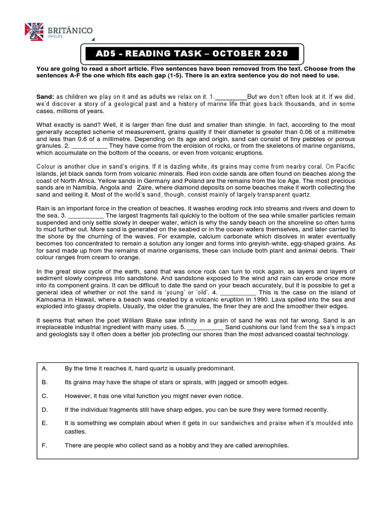 AD5 Reading Task OCT 2020 | PDF | Sand | Seabed