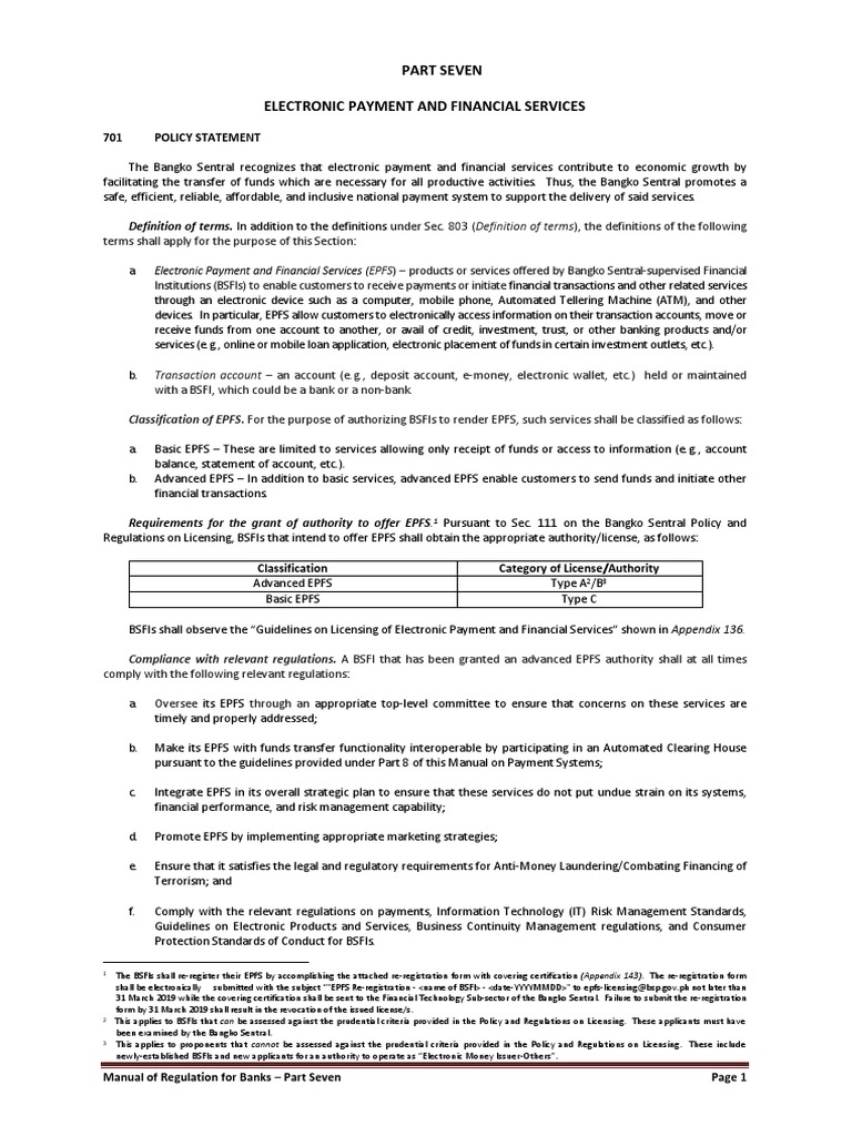 BSP 2020 MORB - Electronic Payment and Financial Services | PDF