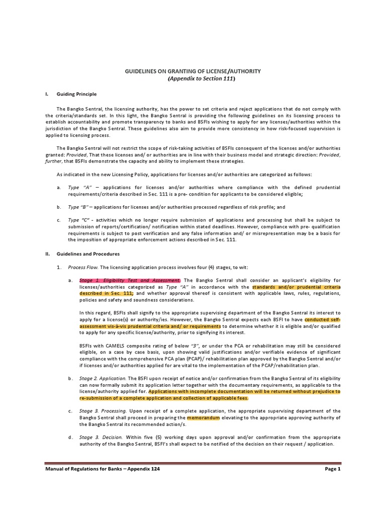 BSP 2020 MORB - Guidelines On Granting of License:Authority (Appendix ...