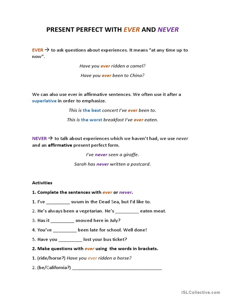 Present Perfect: Ever and Never Exercises | PDF | Self-Improvement