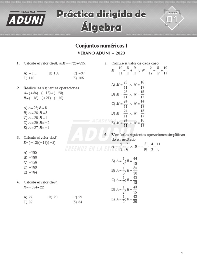 Algebra Practica Dirigida Semana 1 | PDF | Ajedrez