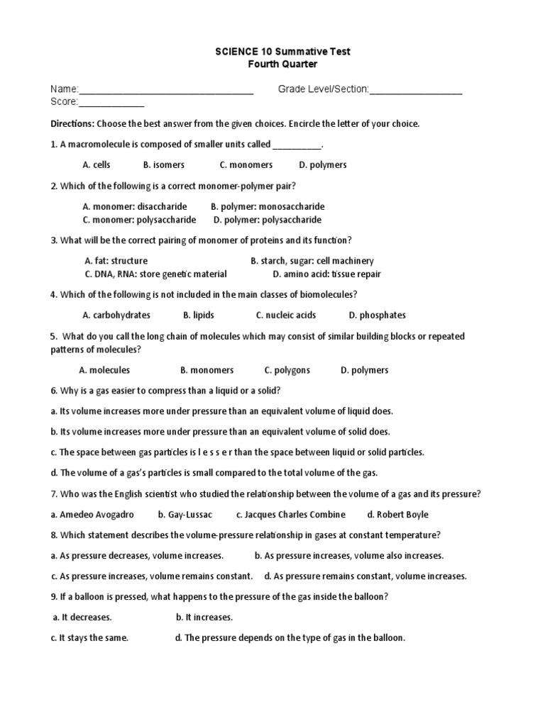 Science 10 Fourth Quarter Test Guide | PDF | Gases | Temperature