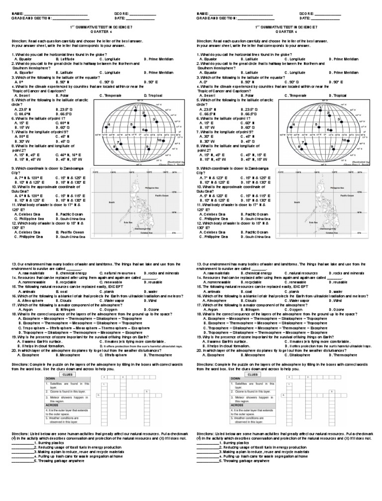 Q4- 1ST SUMMATIVE TEST SCIENCE 7 | PDF | Atmosphere Of Earth | Atmosphere