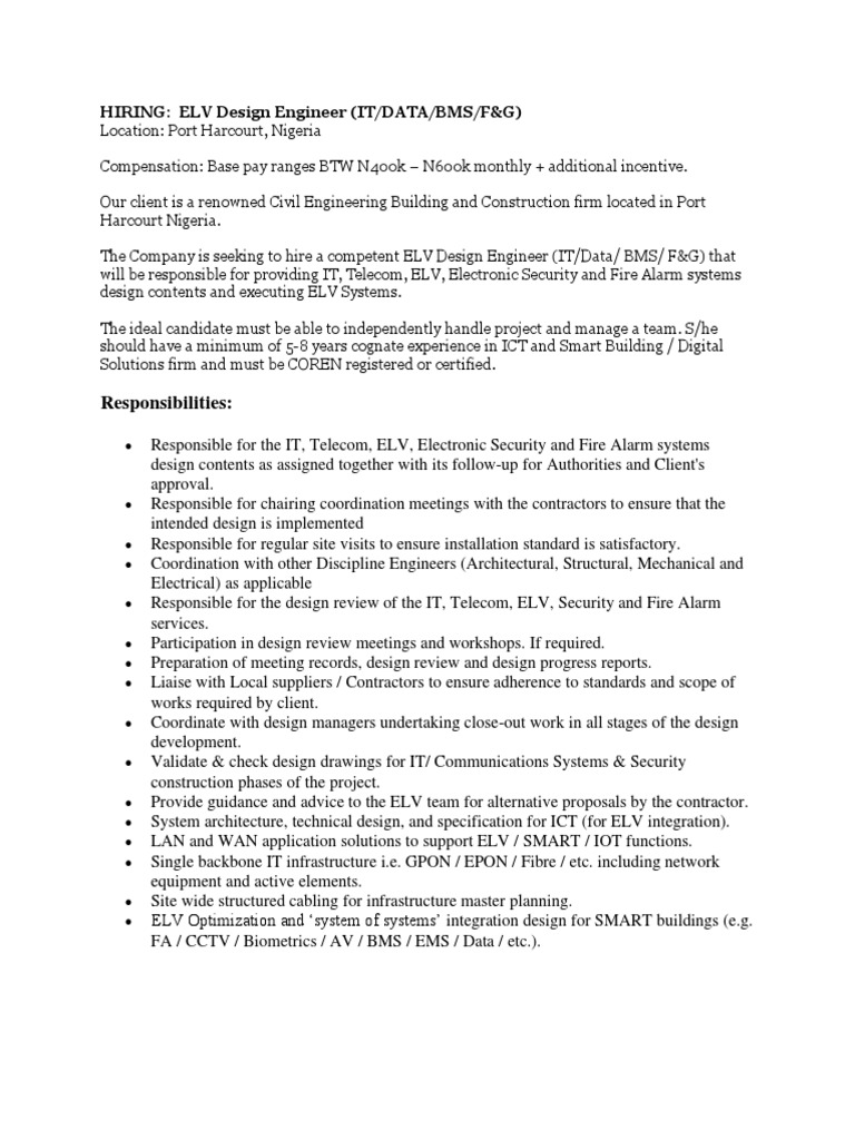 JD - ELV Design Engineer | PDF | Telecommunications | Building Automation