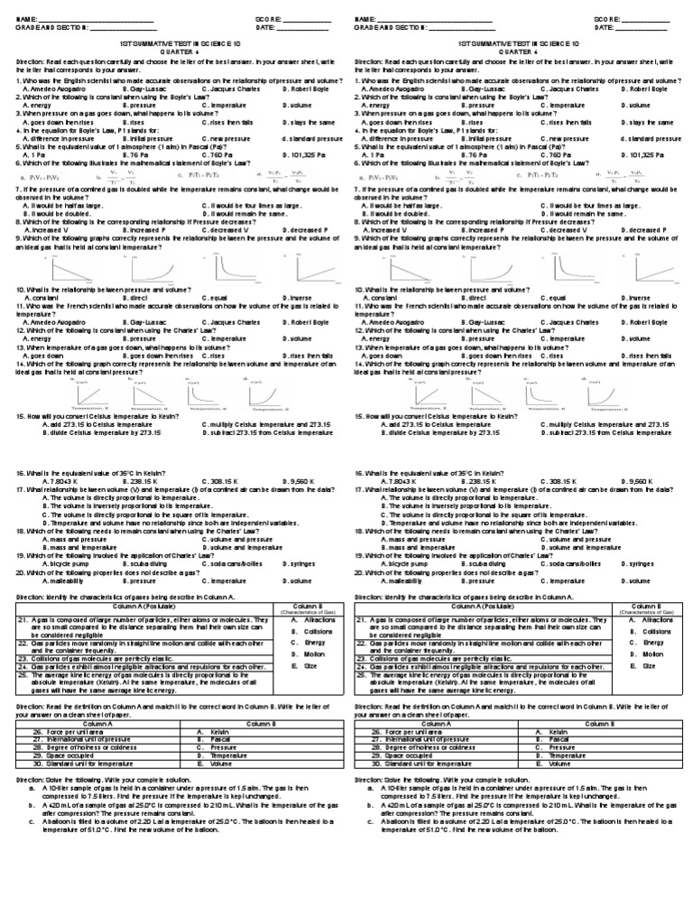 Q4 - 1ST Summative Test Science 10 | PDF | Gases | Temperature