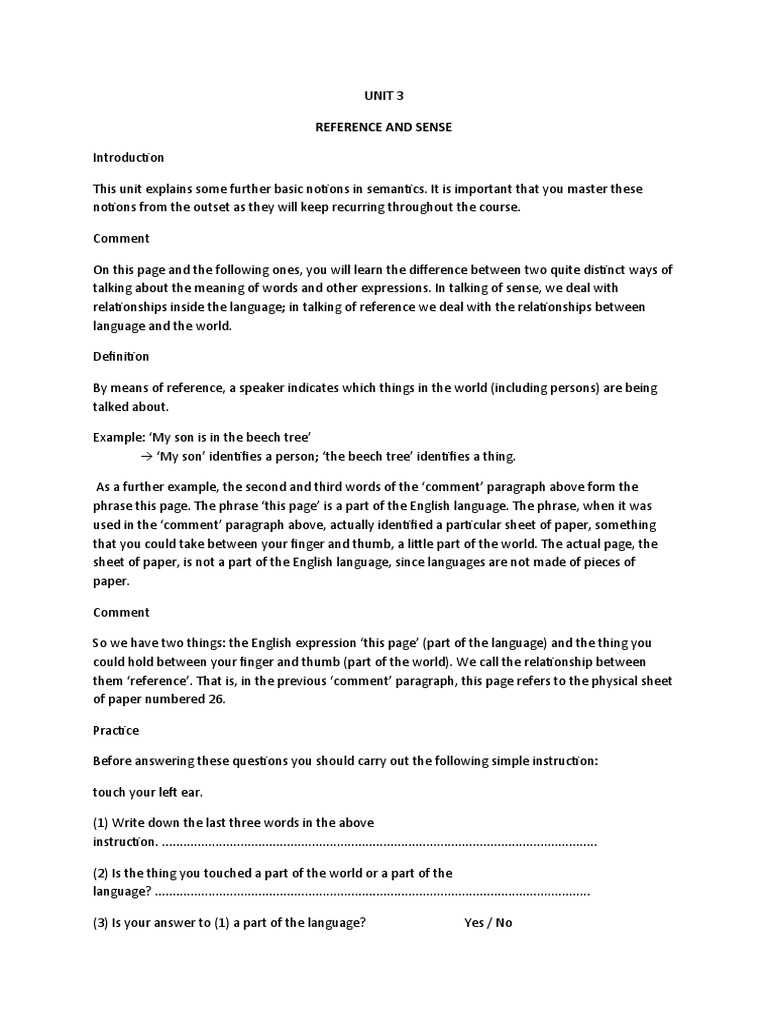 Unit 3 Reference and Sense 1 | PDF | Word | Definition