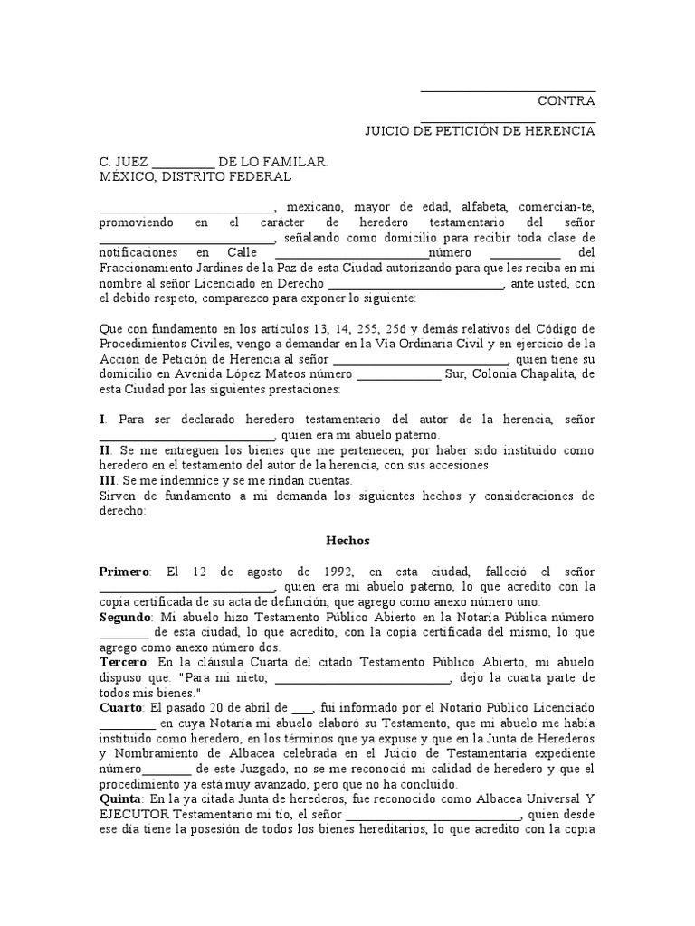 Modelo de Una Demanda de Petici N de Herencia | PDF | Herencia | Justicia
