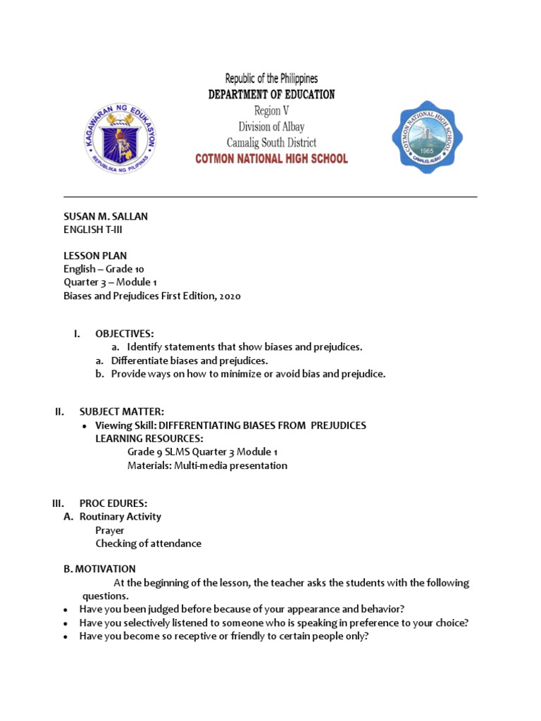 Lesson Plan On Bias On Prejudice | PDF