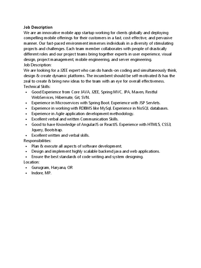 Job Description For Java Developer Pdf