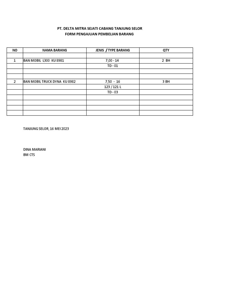 Pengajuan Pembelian Ban Mobil | PDF
