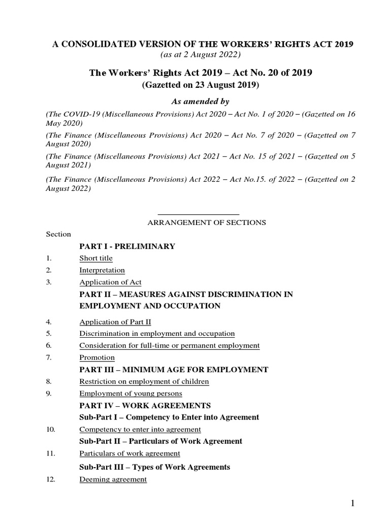 A Consolidated Version of the Workers' Rights Act 2019 as at 2 August ...