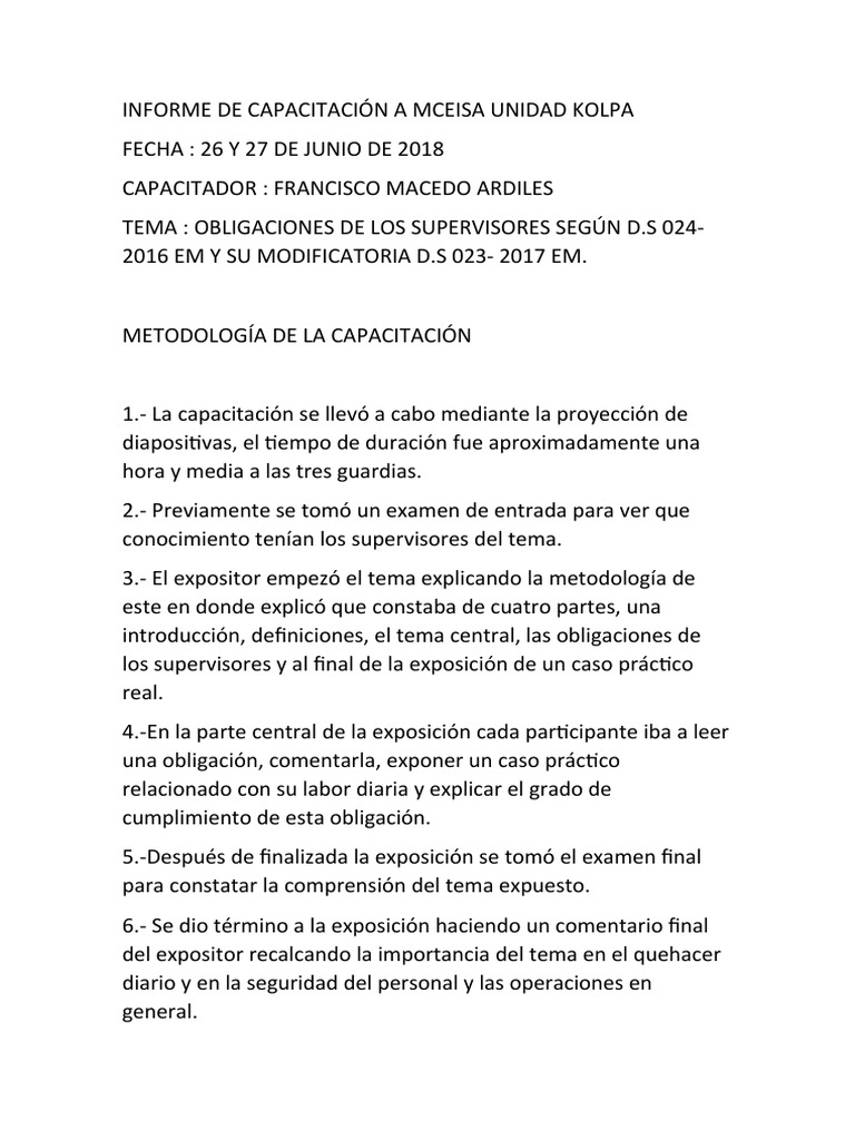 Informe de Capacitación A Mceisa Unidad Kolpa | PDF