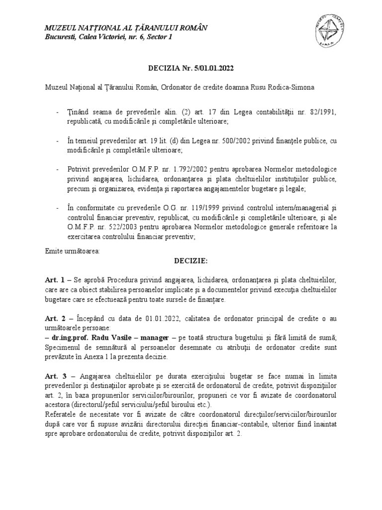 Decizie + Specimen Numire Pers Conducere - Ordonator Credite | PDF