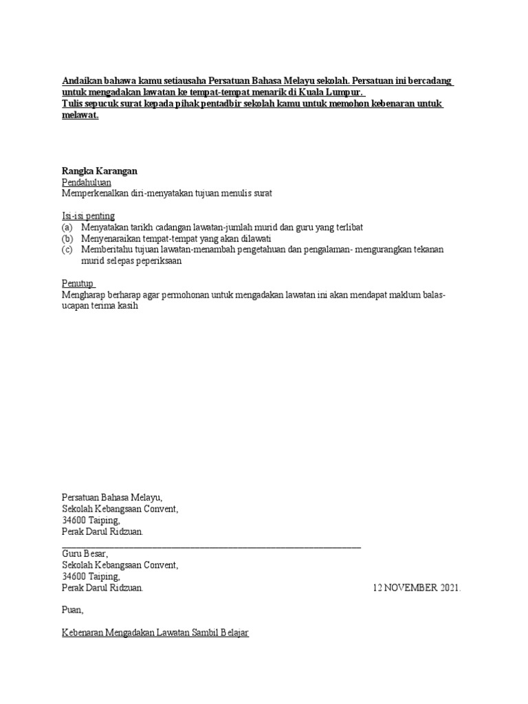 Contoh Surat Kiriman Rasmi Mengadakan Lawatan | PDF