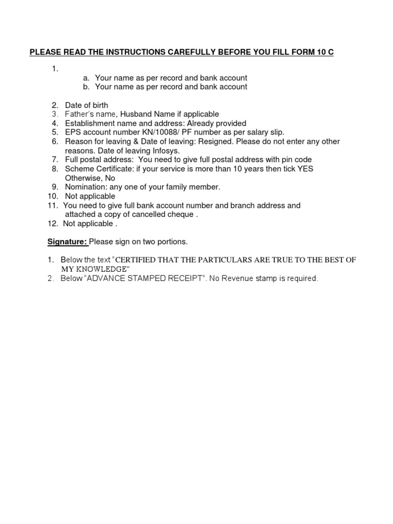 Please Read The Instructions Carefully Before You Fill Form 10 C | PDF ...