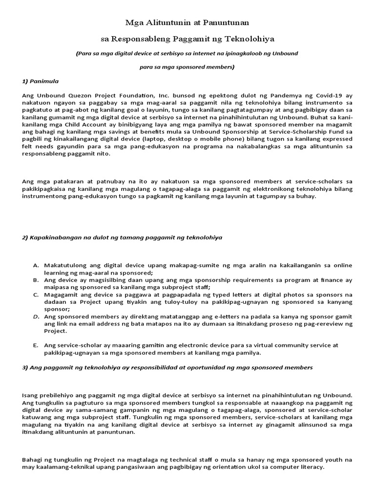 Mga Alituntunin at Panuntunan Sa Tamang Paggamit NG Teknolohiya | PDF