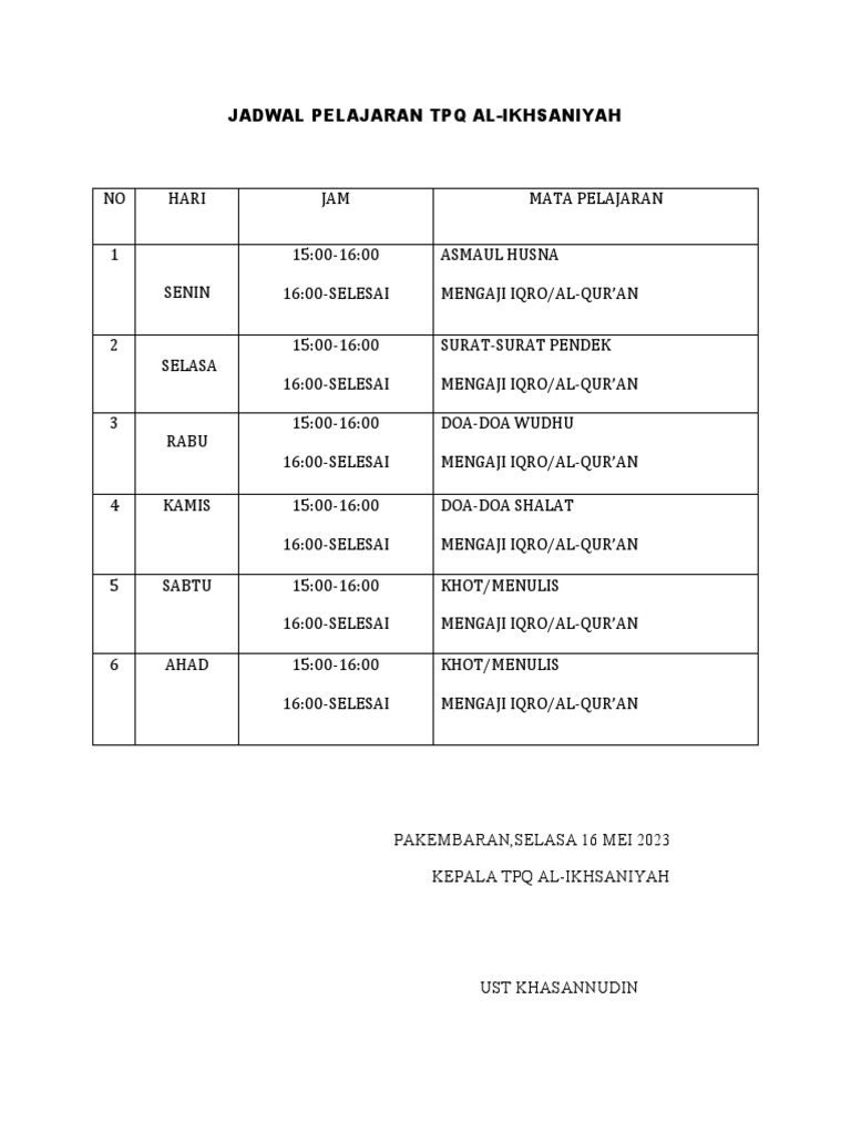 Jadwal Pelajaran TPQ Alikhsaniyah | PDF