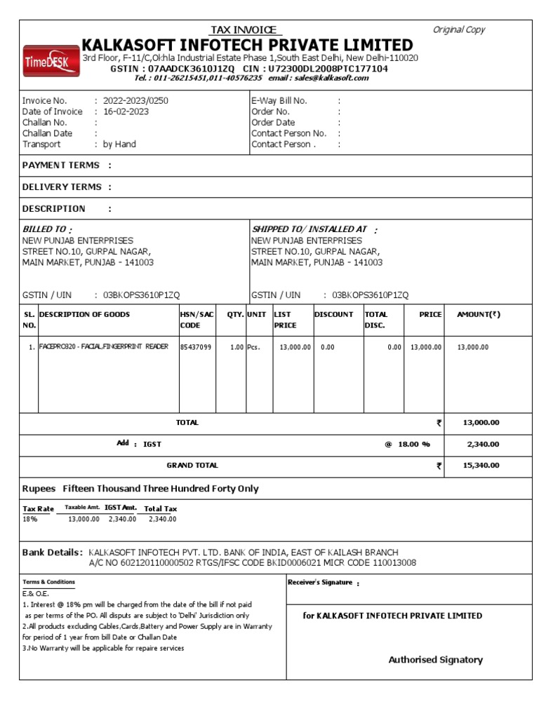 Invoice for Facial Reader Purchase | PDF